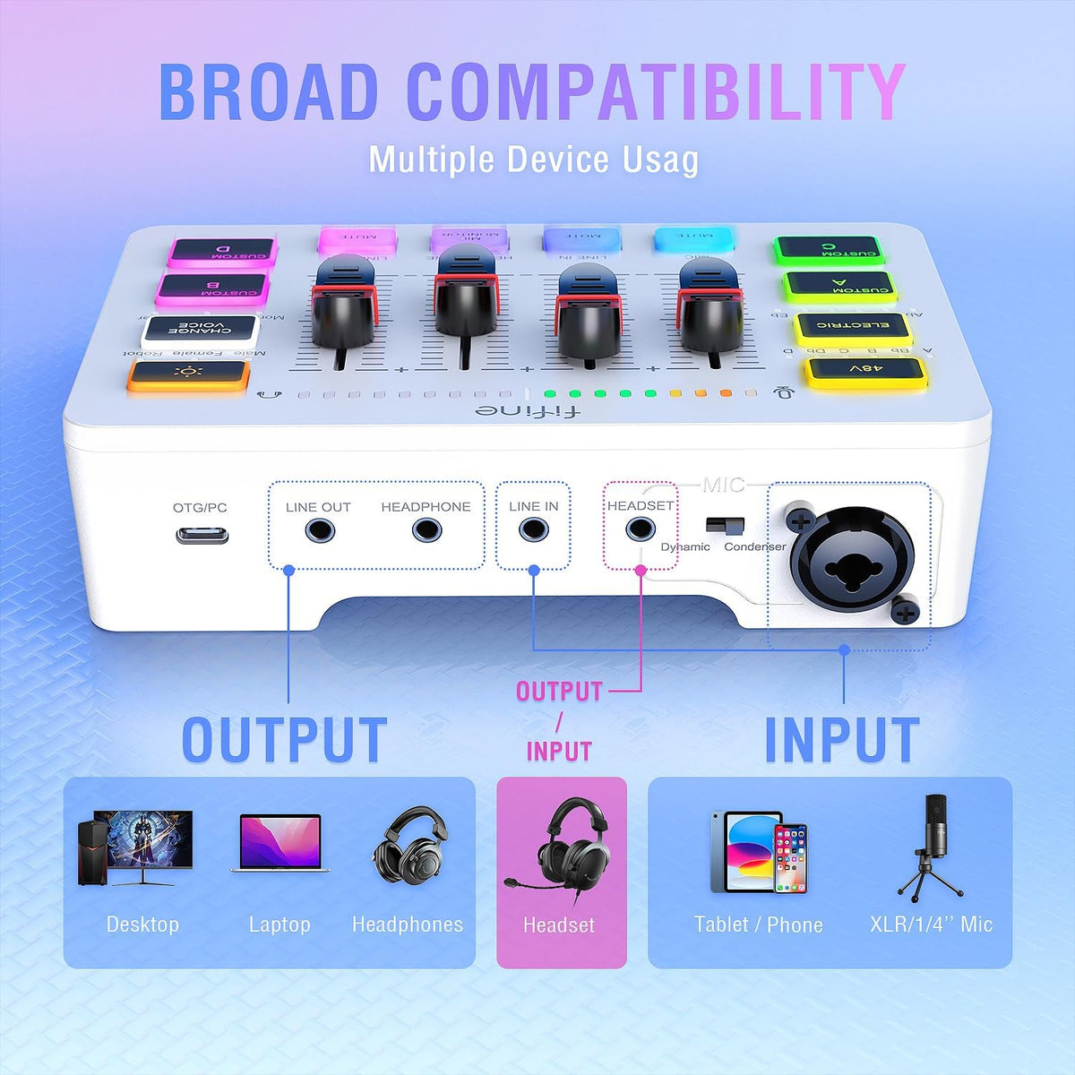 FIFINE AmpliGame SC3 White Gaming Audio Mixer, Streaming RGB PC Mixer ...